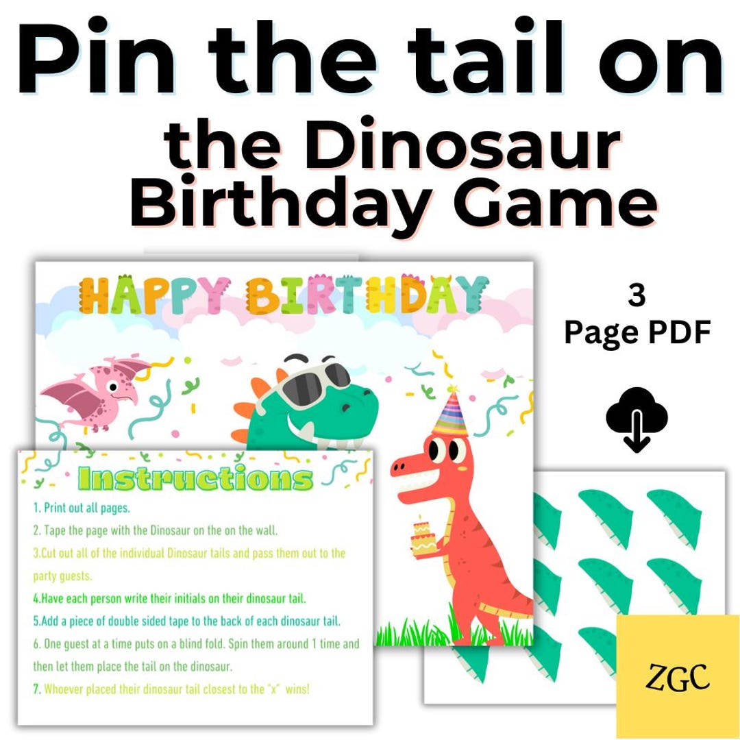Pin the Tail on the Dinosaur Birthday Game, Fun Dino Party Activity for ...