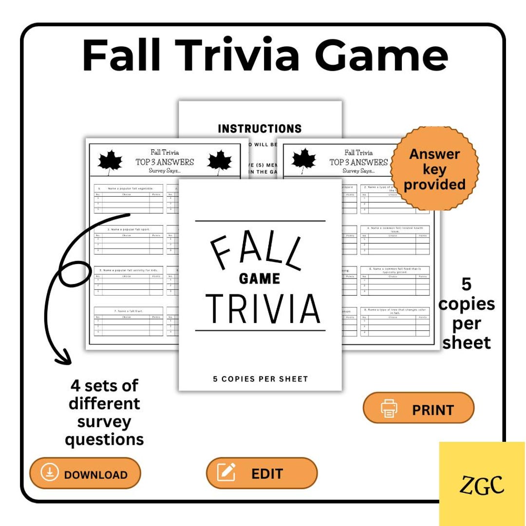Printable Fall Family Trivia Game for Kids and Adults, Fall Party Games ...