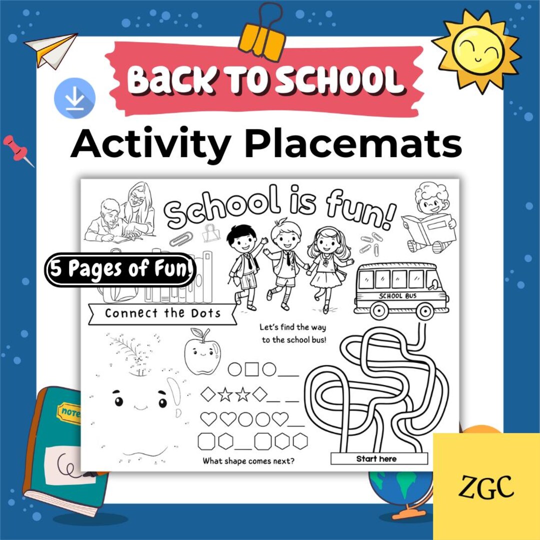 Back to School Activities Placemat, PRINTABLE First Day of School ...