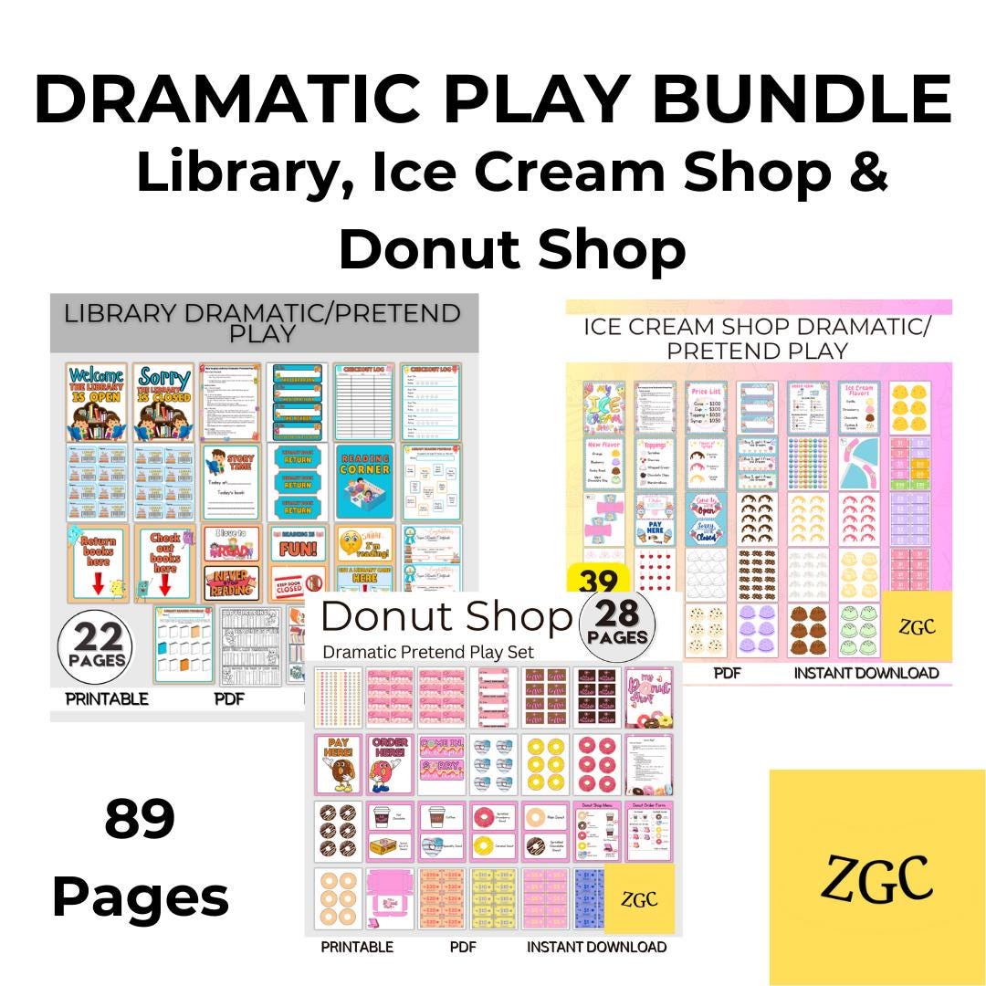 Dramatic Play Bundle: Library, Ice Cream & Donut Shop Pretend Play Sets ...