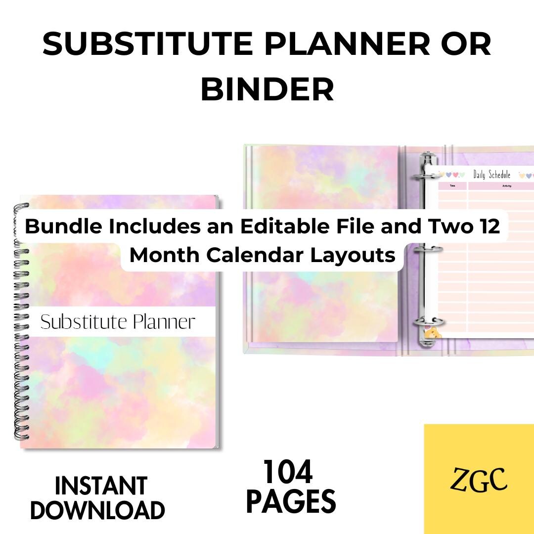 Substitute Planner Binder, Editable 12 Month Calendar Layouts (instant ...