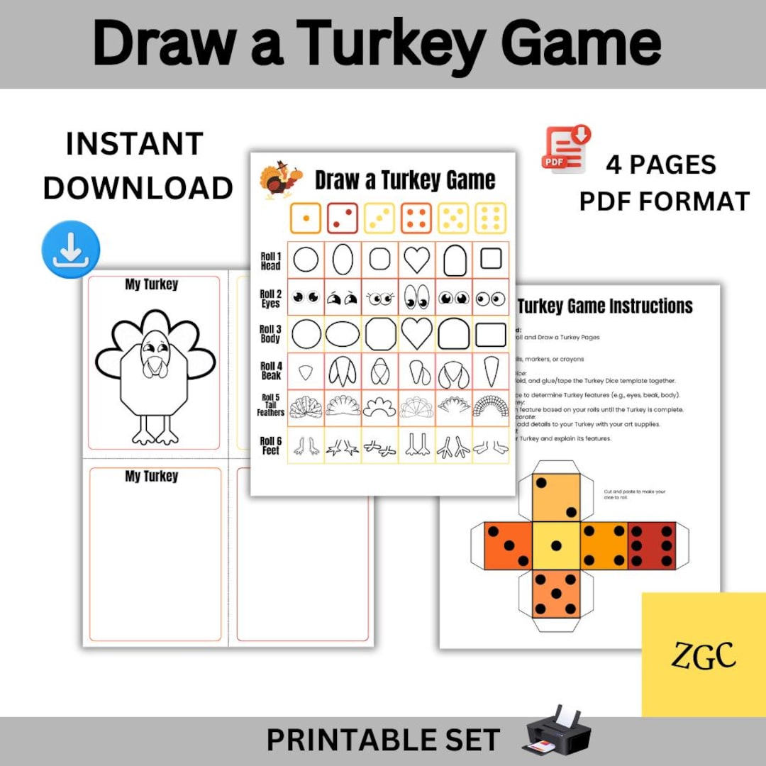 Printable Draw a Turkey Game, Autumn Turkey Drawing Activity, Fall Art ...