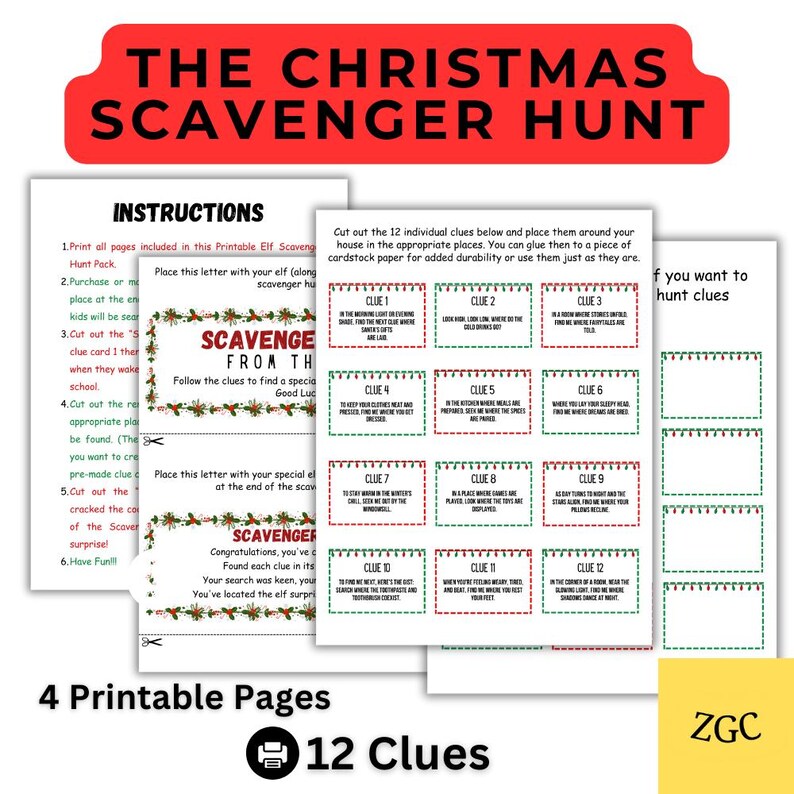Christmas Elf Scavenger Hunt, Printable Christmas Scavenger Hunt Cards ...