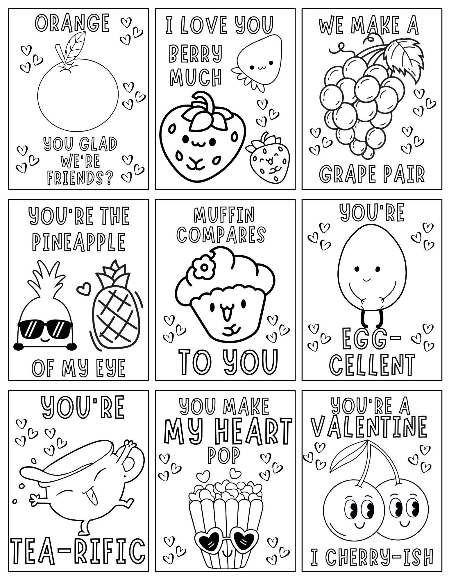 Valentine Coloring Cards for Kids | Food Pun Valentine Cards ...
