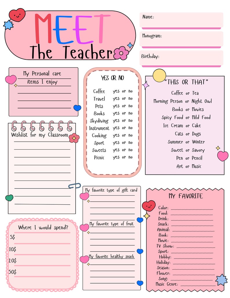 Get to Know the Teacher Questionnaire, Two Meet the Teacher Templates ...
