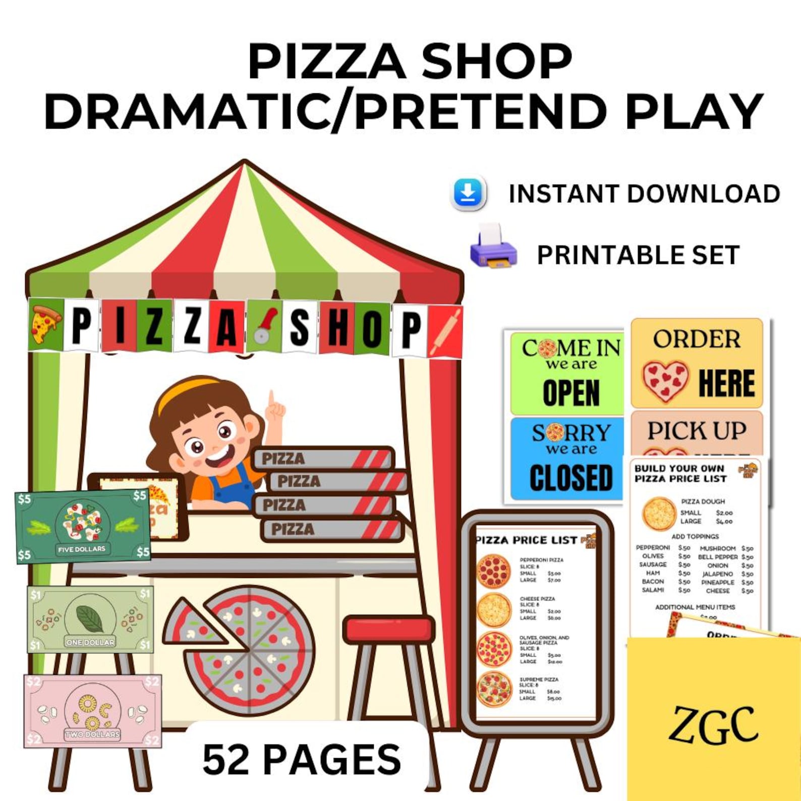 Printable Pizza Shop Dramatic Play Set | Pretend Play Restaurant ...