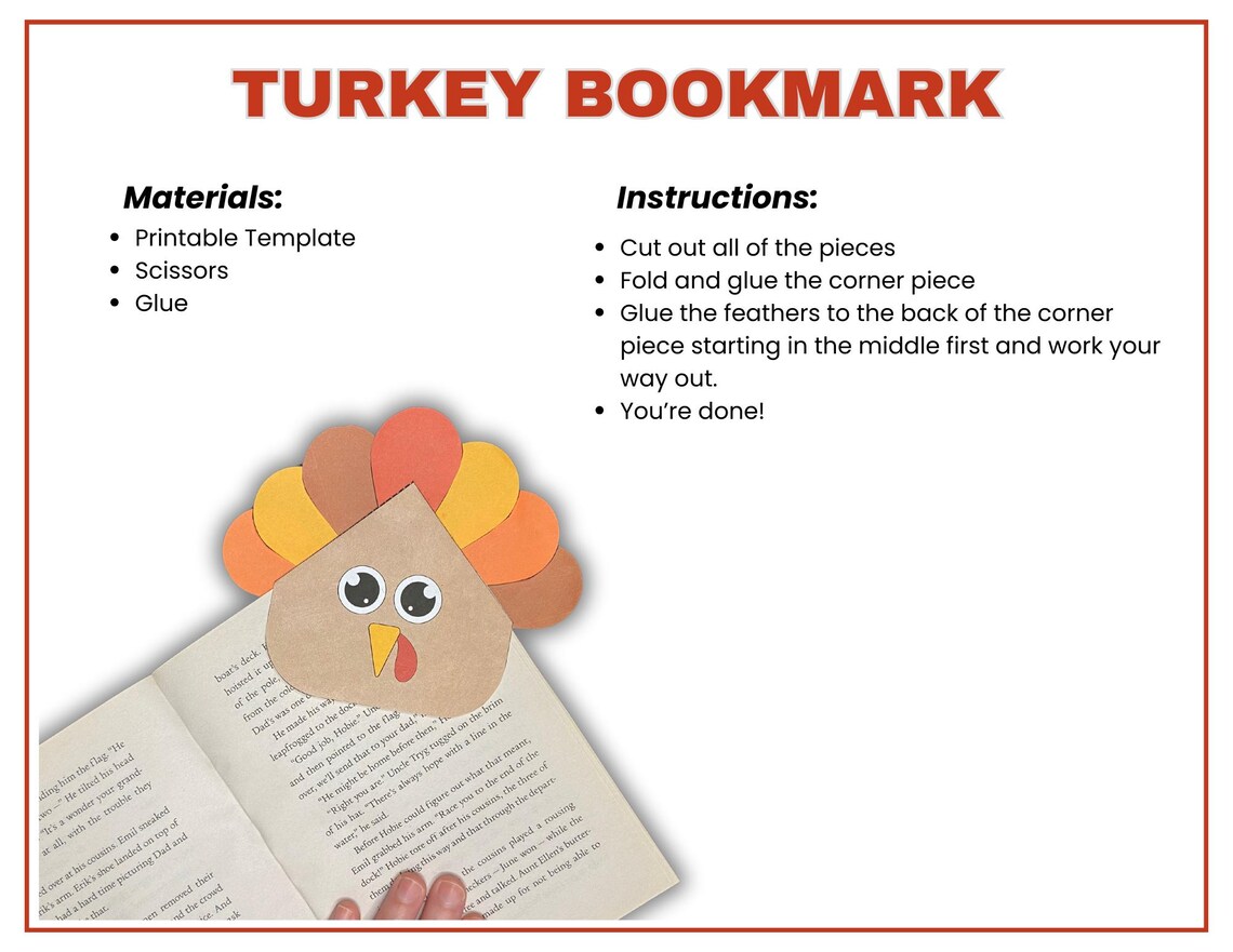 Turkey Corner Bookmark Craft | Thanksgiving Kids Activity (PDF Pattern ...