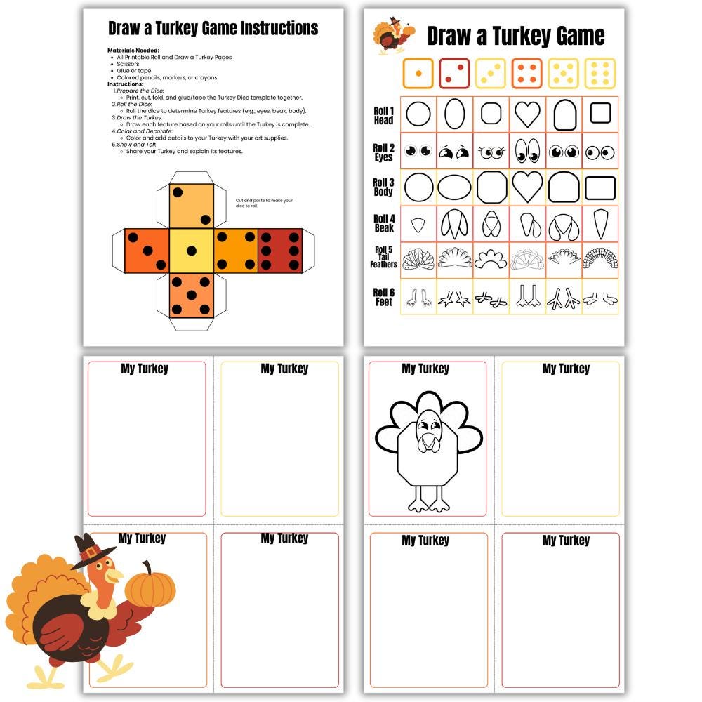 Printable Draw a Turkey Game, Autumn Turkey Drawing Activity, Fall Art ...