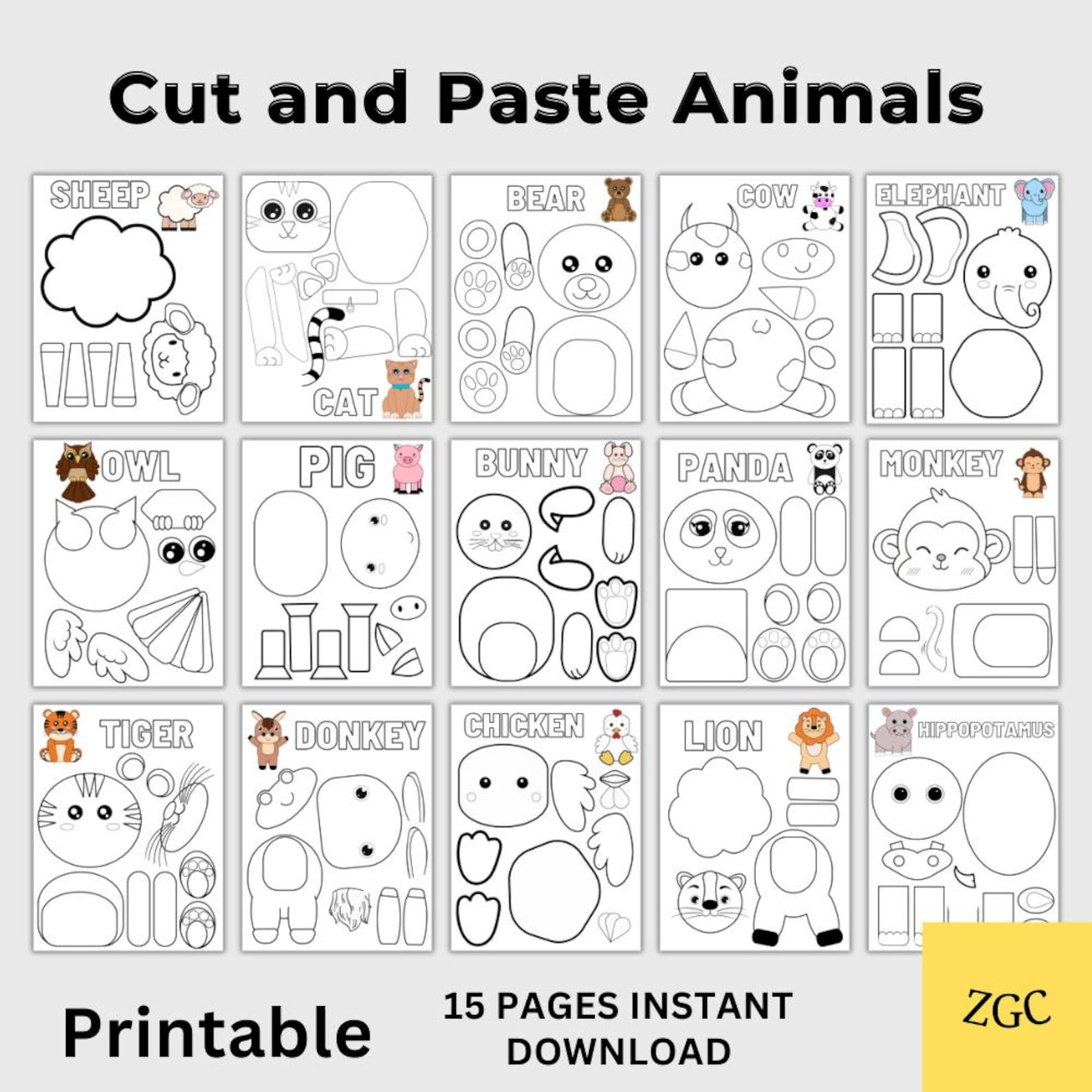 Printable Animal Crafts for Kids, Color Cut and Paste Activities, 15 ...