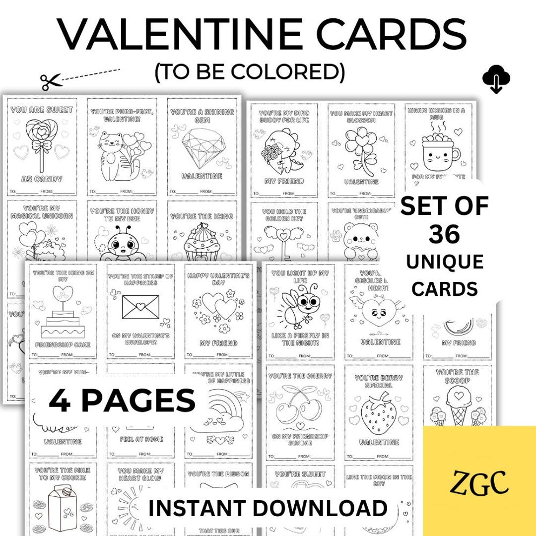 Valentine Coloring Cards for Kids Printable | 36 Classroom Valentine ...