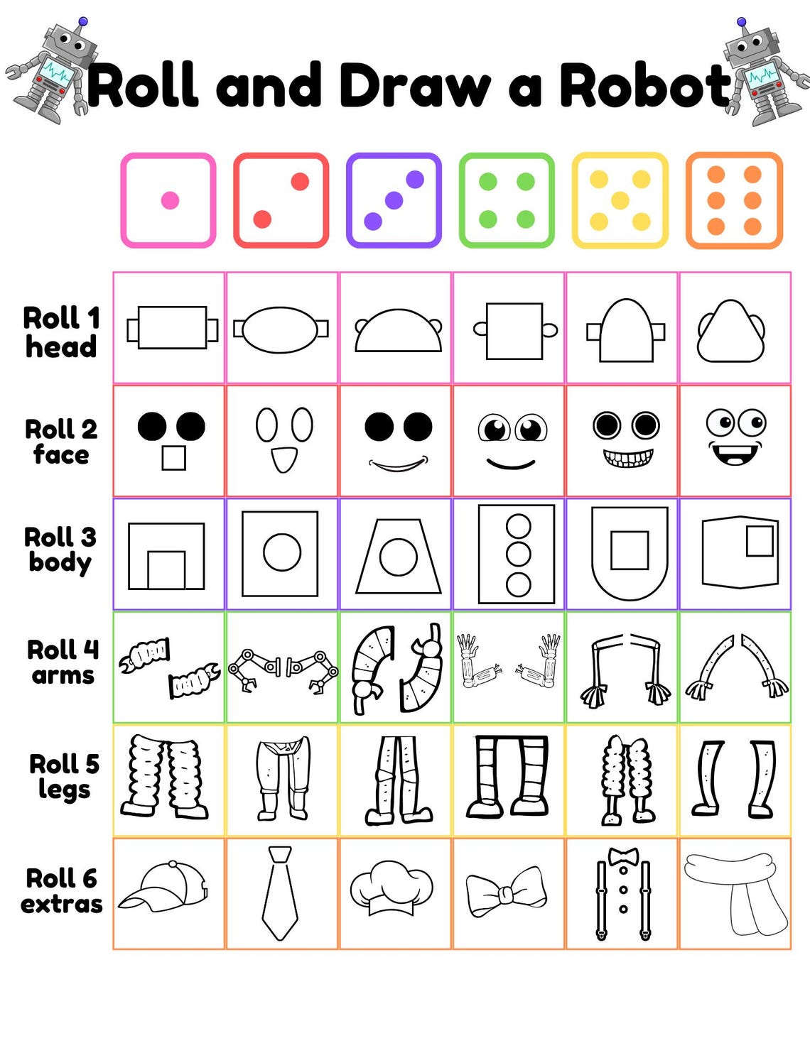 Roll and Draw a Robot Game | Fun Printable Robot Activity for Kids ...