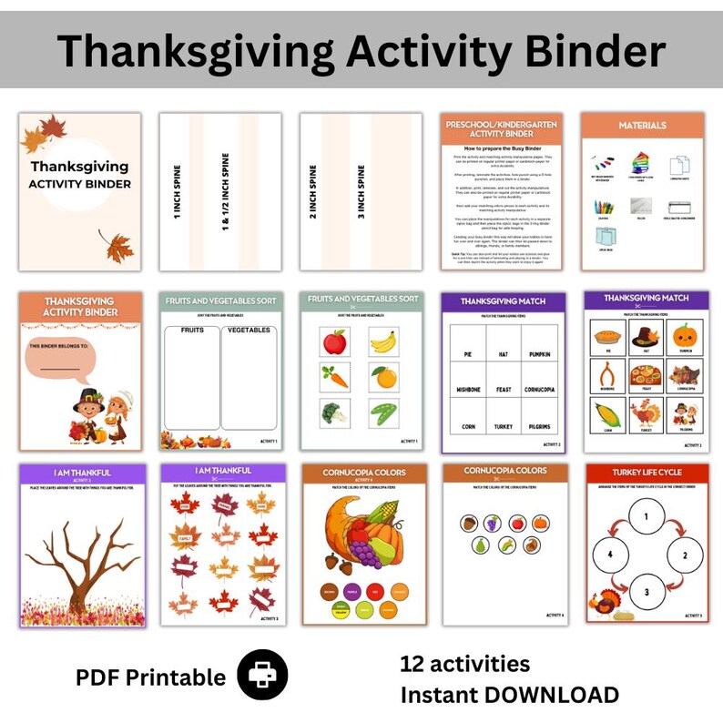 Printable Thanksgiving Activity Binder, Fall Kids Autumn Booklet ...