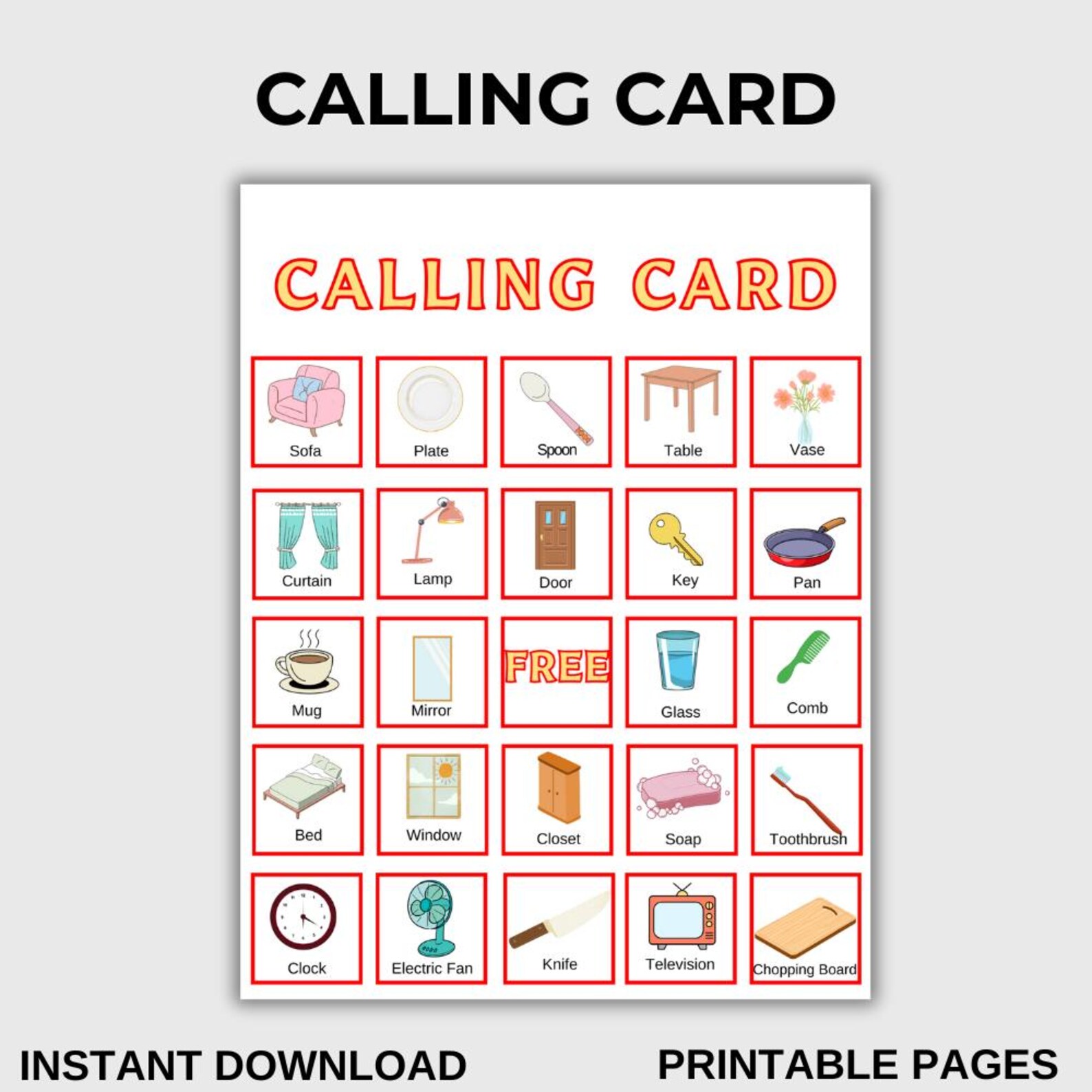 Printable Household Items Bingo Cards, Kids Fun Bingo Game, Preschool ...