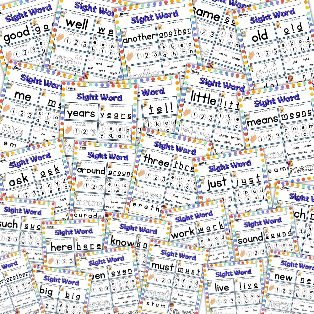 50 Sight Words Worksheets for Kindergarten | Printable Literacy Centers ...