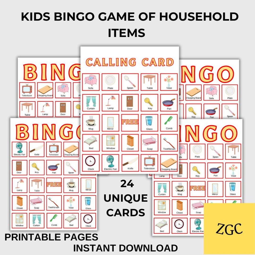 Home Items Bingo Game | Printable Fun for Kids & Adults | Family ...