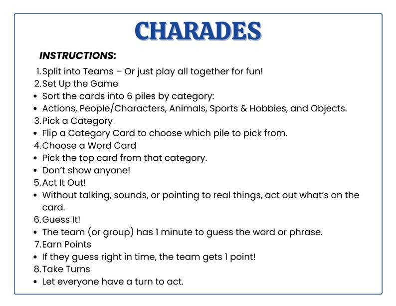 Colorful Charades Game Printable | Kids Party Game PDF | Family Game ...
