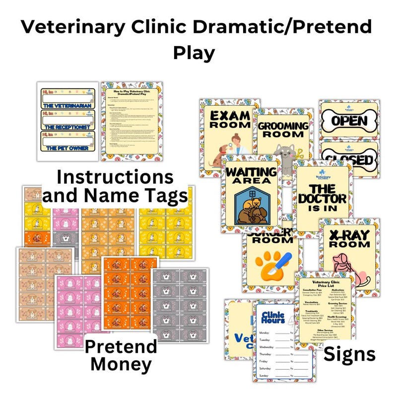 Veterinary Clinic Dramatic Play Printable Set for Kids | Pretend Vet ...