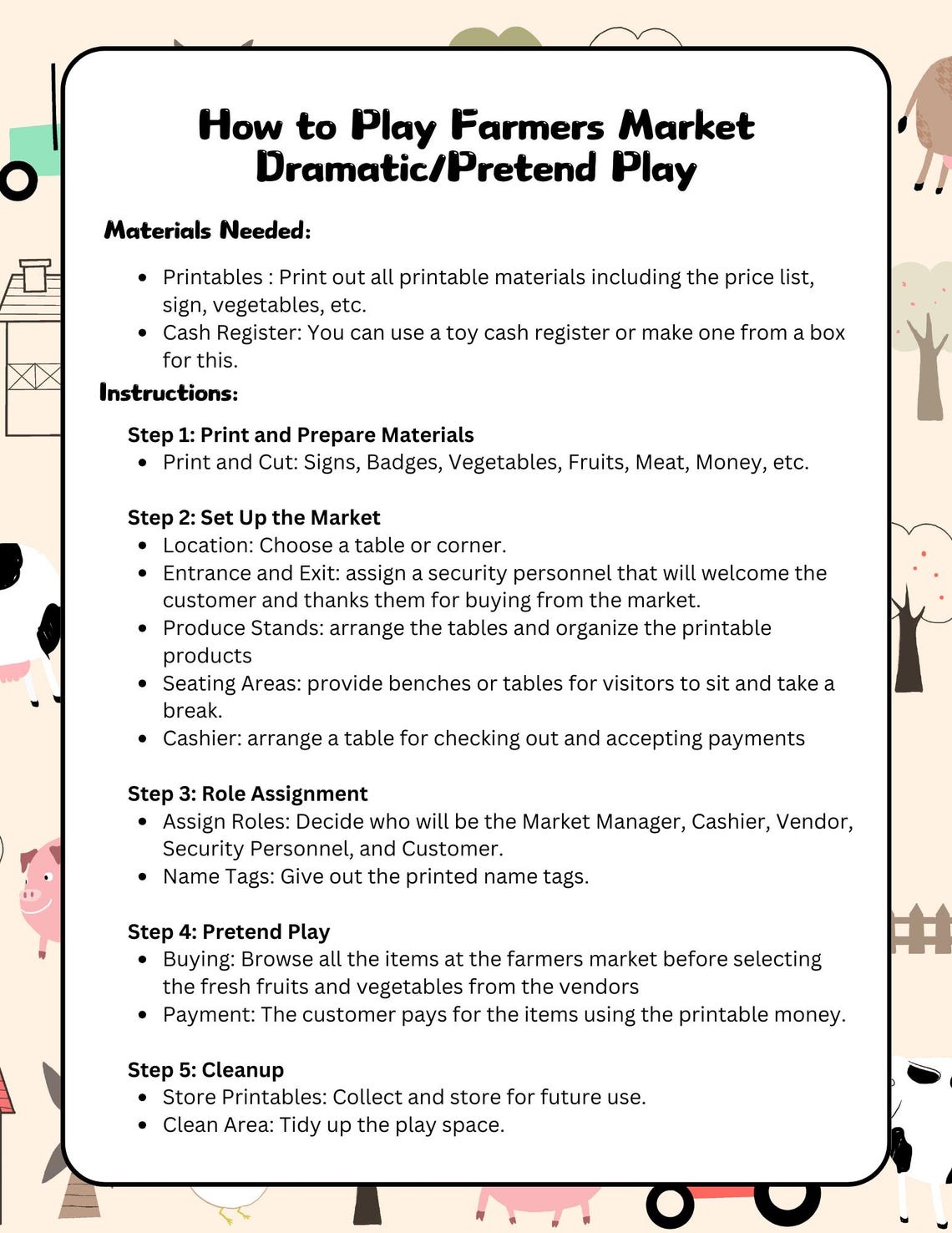 Farmers Market Dramatic Play Printable Set for Kids, Pretend Play ...