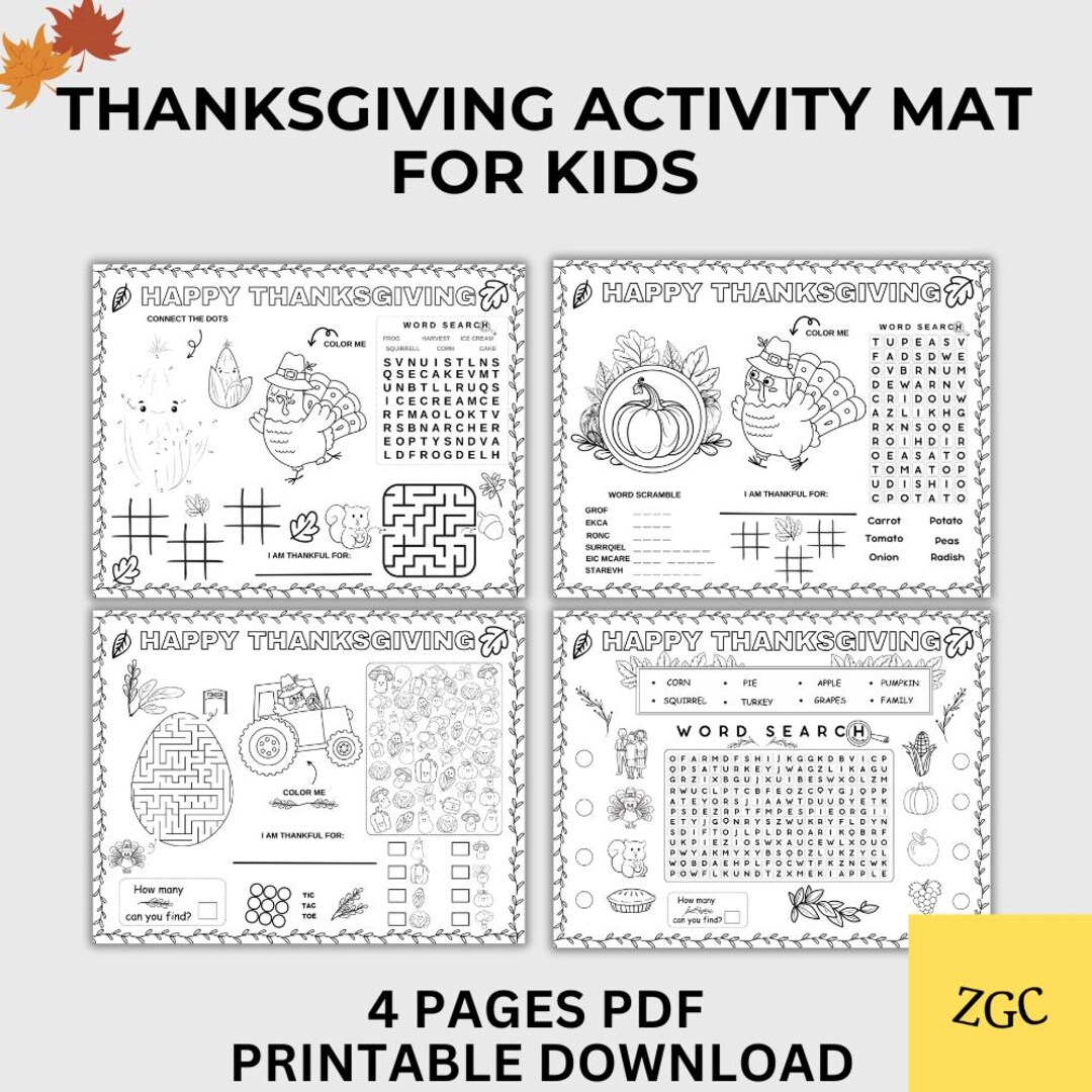 Printable Thanksgiving Coloring Placemat Activities for Kids, Fall ...