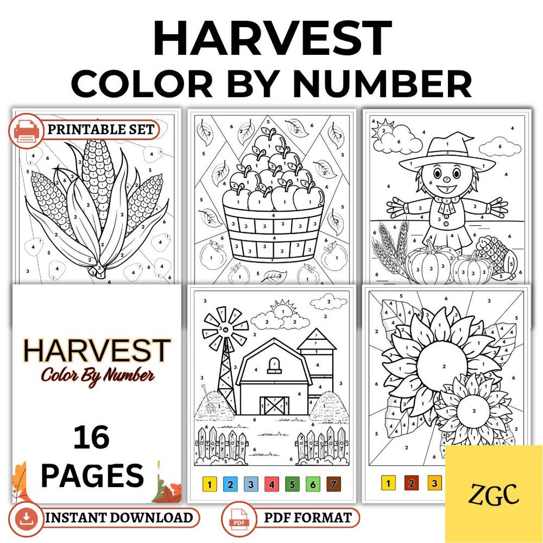 Harvest Color by Number Printable Worksheets | Fun Fall Coloring Pages ...