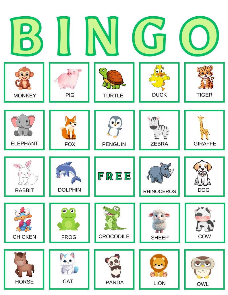 Animals Bingo Game, Fun Family Activity (instant Download) - Etsy