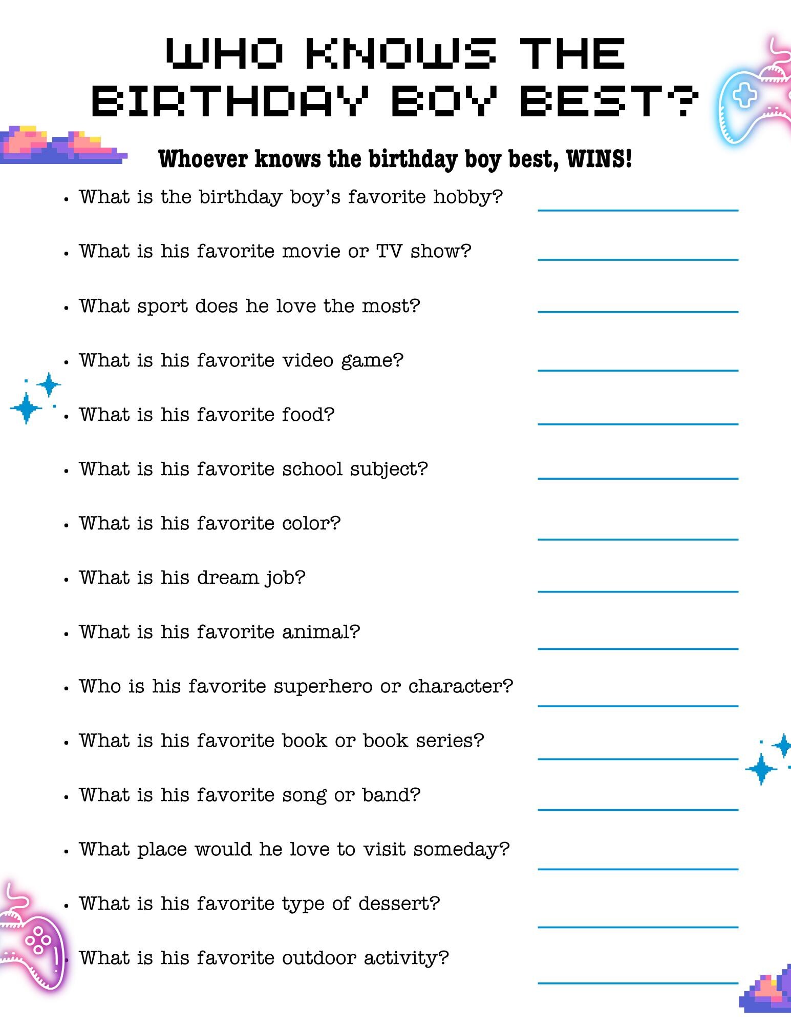 Printable Games for Teenage Boys' Birthday Party, Fun Challenges, Teen ...