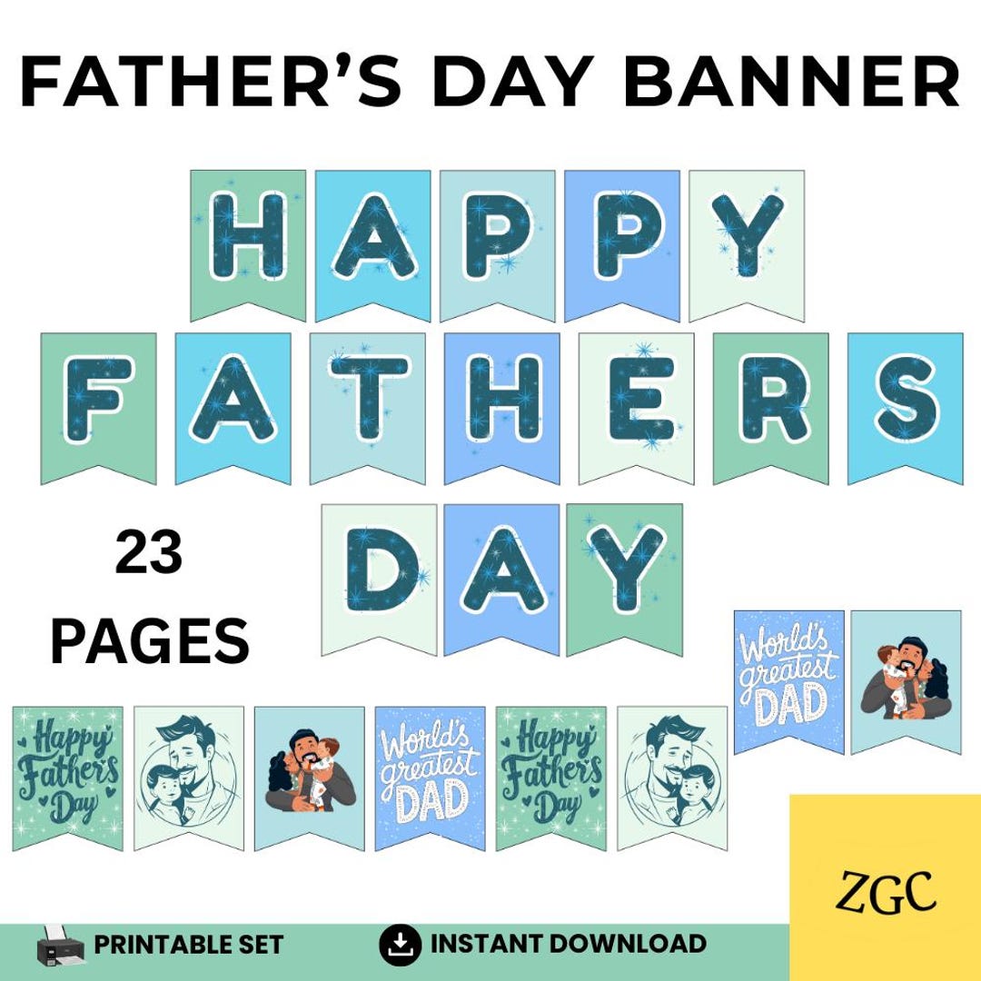 Printable Happy Father’s Day Banner | DIY Blue and Green Party Garland ...