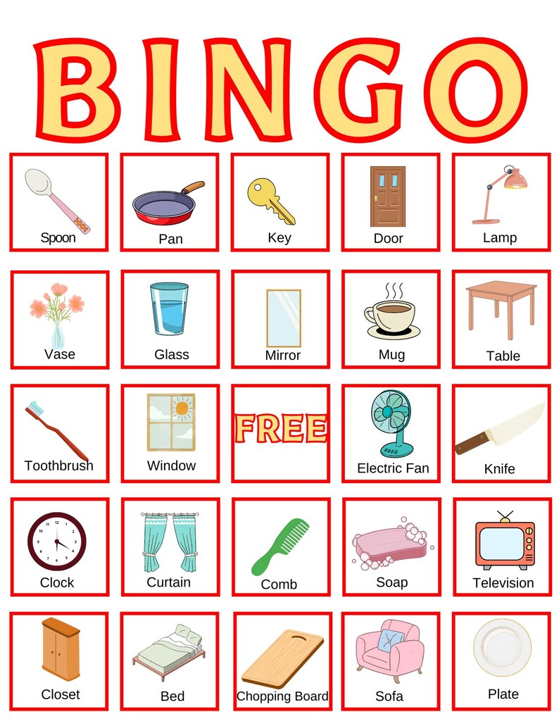 Printable Household Items Bingo Cards, Kids Fun Bingo Game, Preschool ...