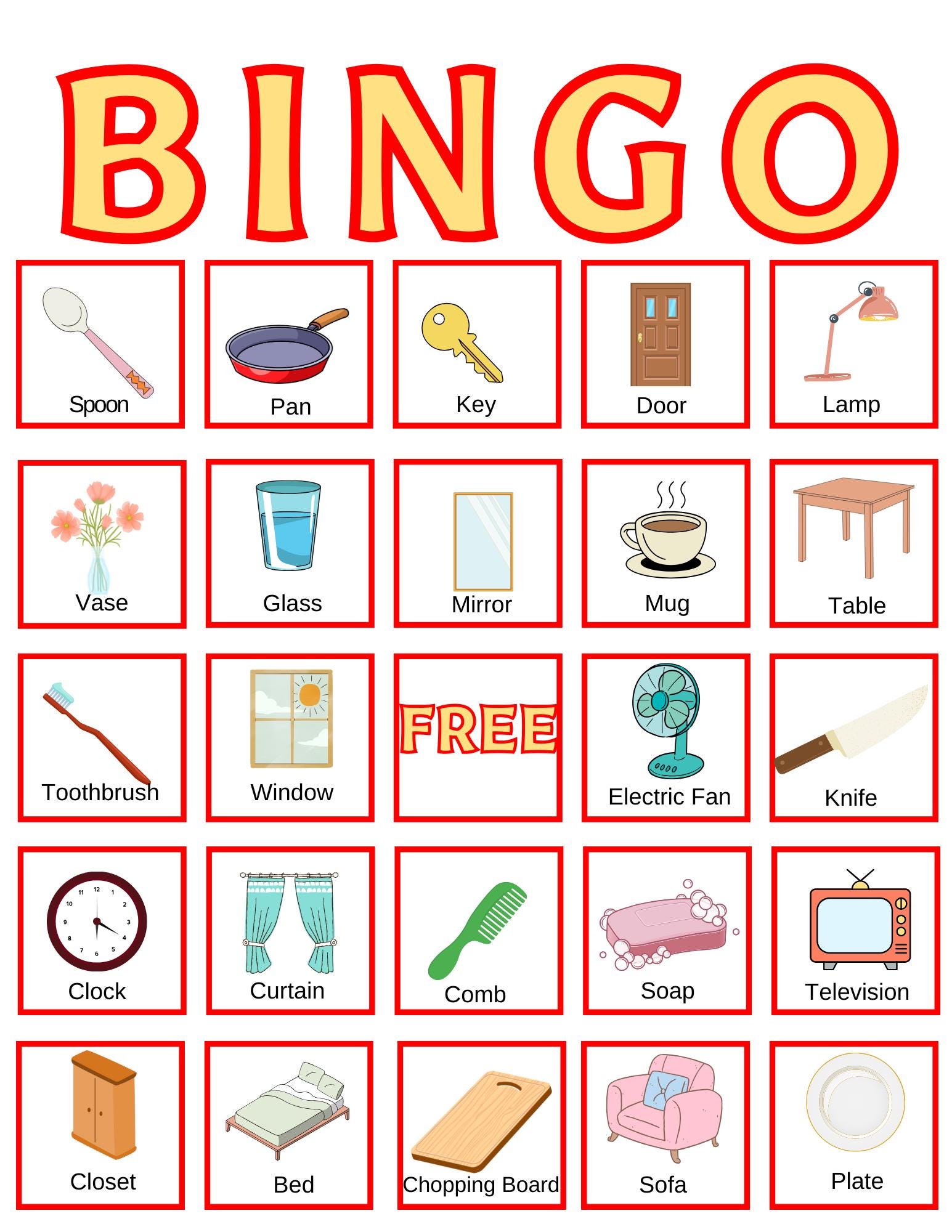 Printable Household Items Bingo Cards, Kids Fun Bingo Game, Preschool ...