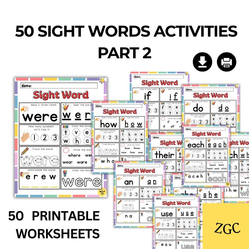 50 Sight Words Worksheets Bundle | Trace, Spell, Read Practice for ...
