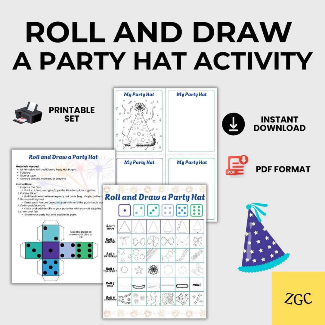 Draw A Party Hat Printable Game, Roll A Dice Party Hat Creation, Winter ...