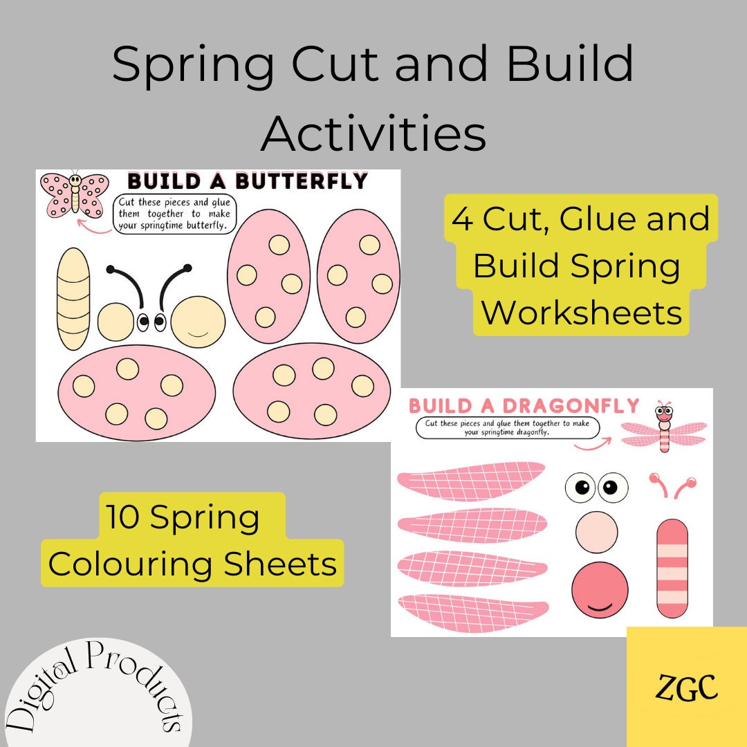 Printable Cut and Build Kids Paper Crafts, Spring Coloring Activity ...
