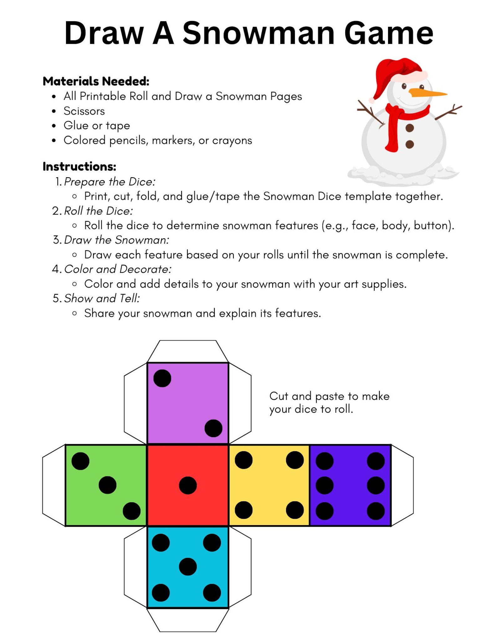 Roll and Draw a Snowman Game – Fun Winter Printable for Kids, Fine ...