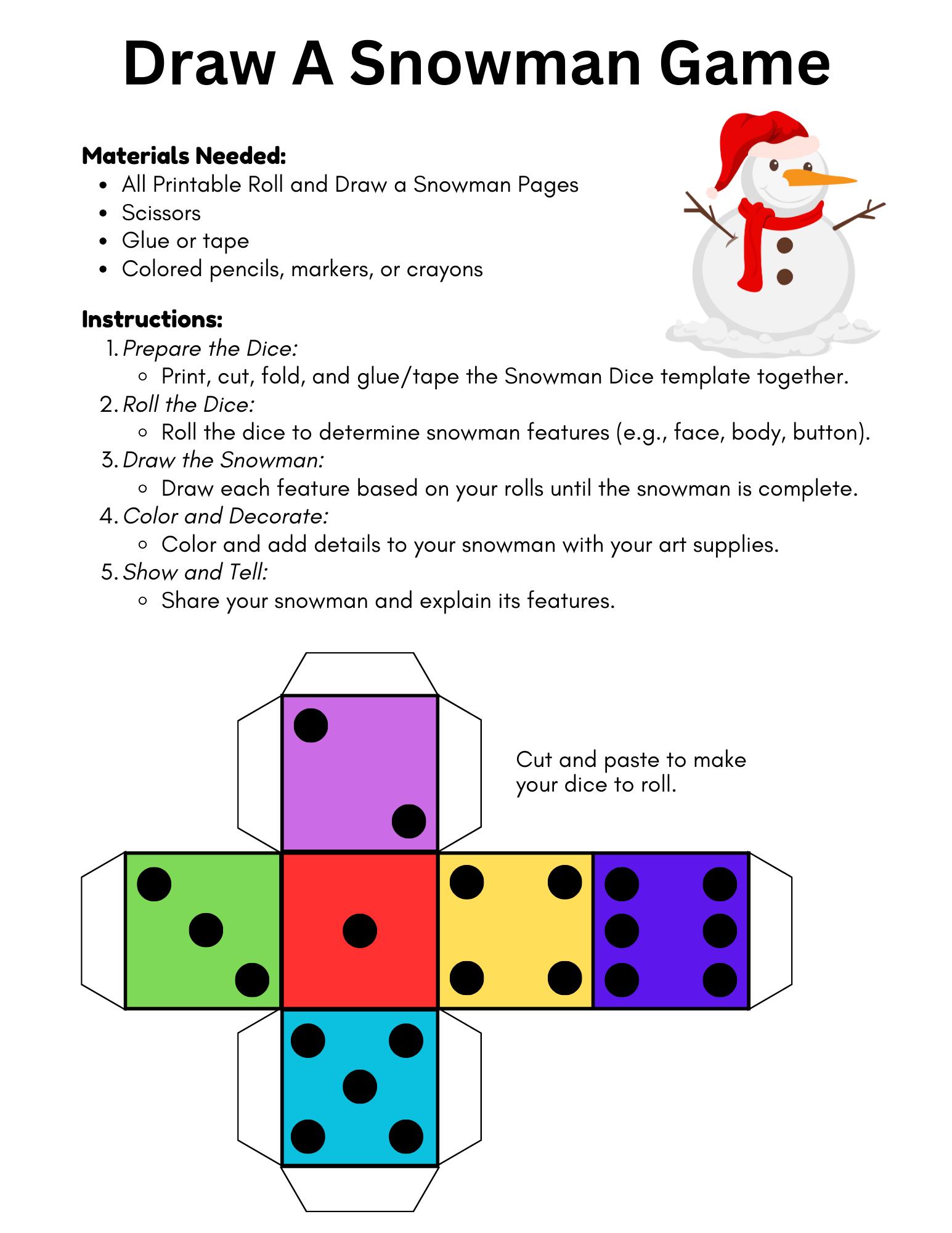 Printable Draw A Snowman Game, Roll A Dice Snowman Creation, Winter ...