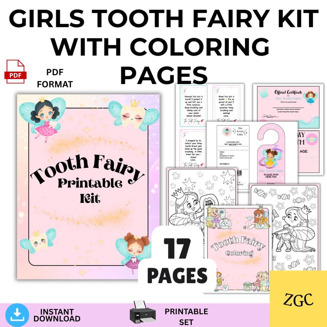 Girls Tooth Fairy Printable Kit | Certificate, Coloring Pages (instant ...