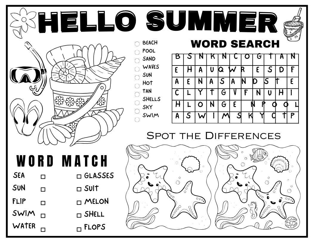 Printable Summer Activity Placemats for Kids | Road Trip Games PDF ...