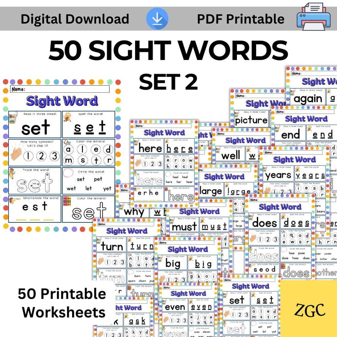 50 Sight Words Worksheets Set 2 | Kindergarten Literacy Printable ...