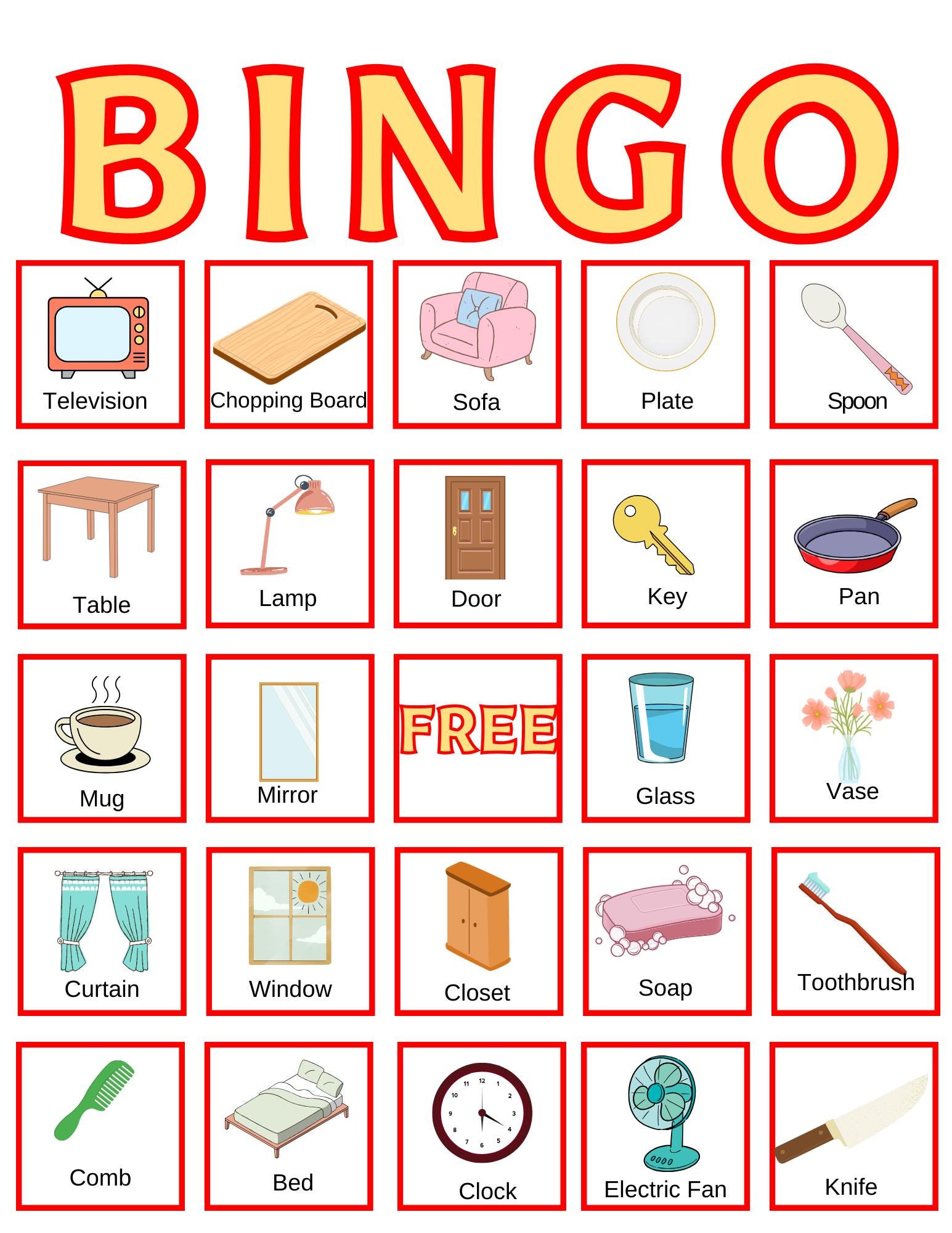 Printable Household Items Bingo Cards, Kids Fun Bingo Game, Preschool ...