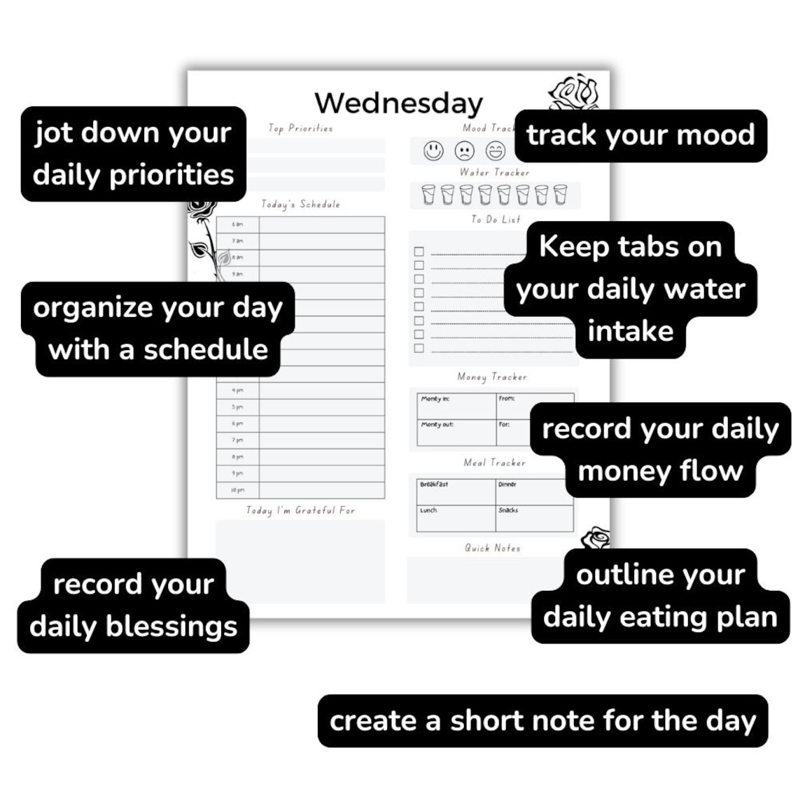7-day Weekly Planner | Black & White Organizer (printable PDF) - Etsy