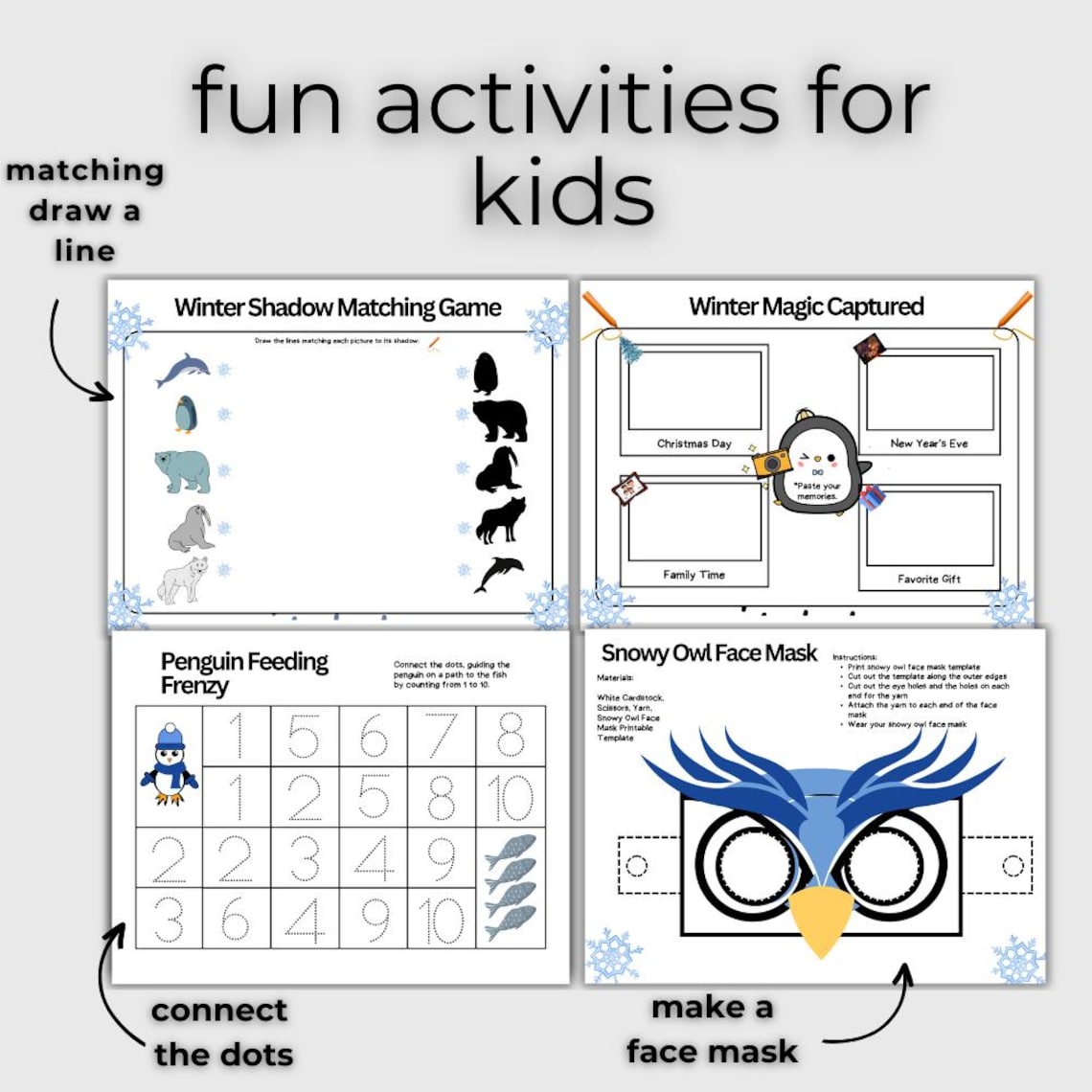Kids Winter Printable Craft Activity Pages, Kids Winter Bundle, Color ...
