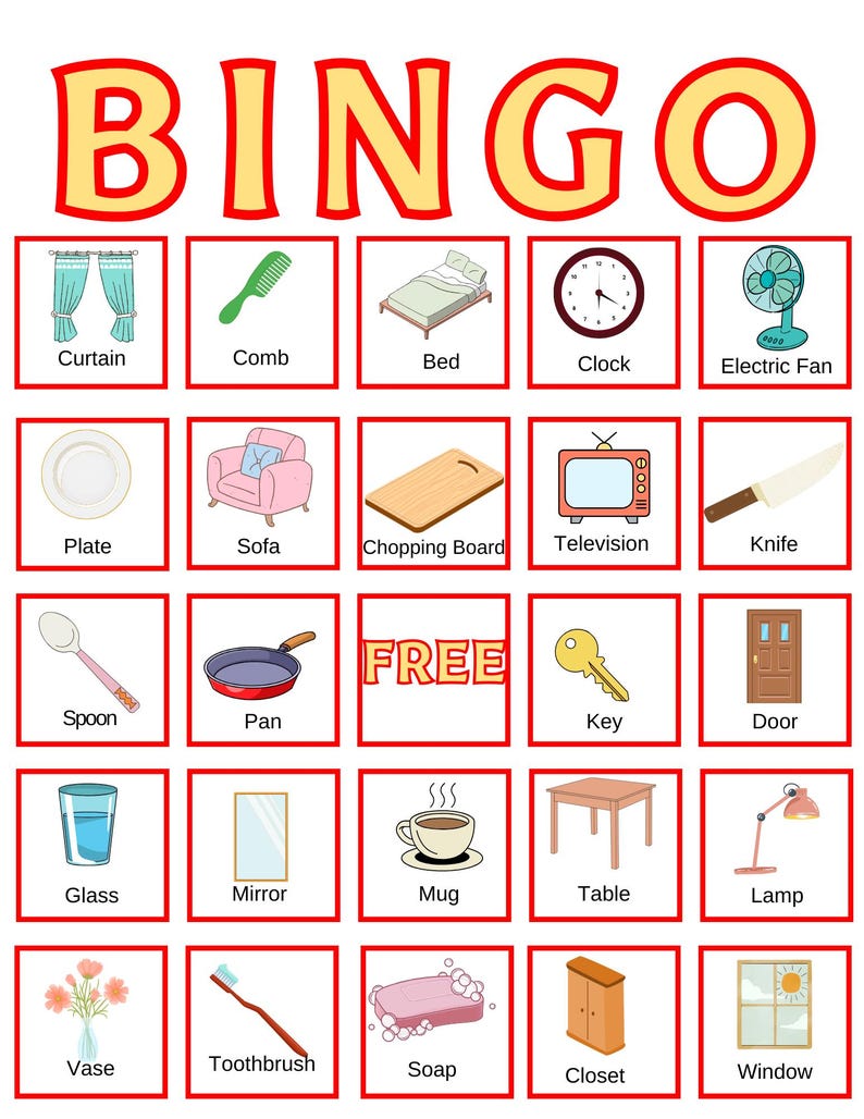 Printable Household Items Bingo Cards, Kids Fun Bingo Game, Preschool ...
