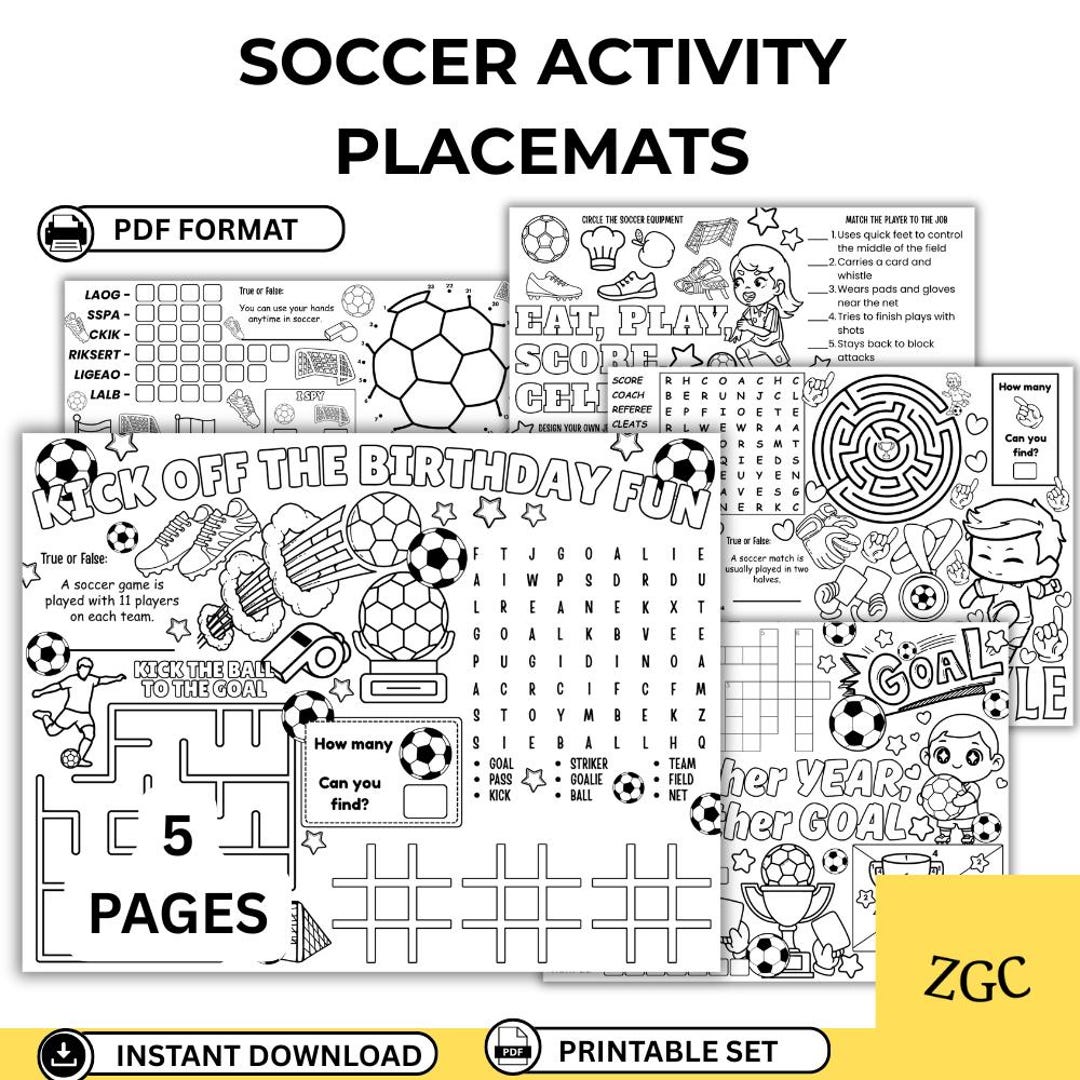 Soccer Birthday Activity Placemats | Kids Party Games, Maze, Word ...