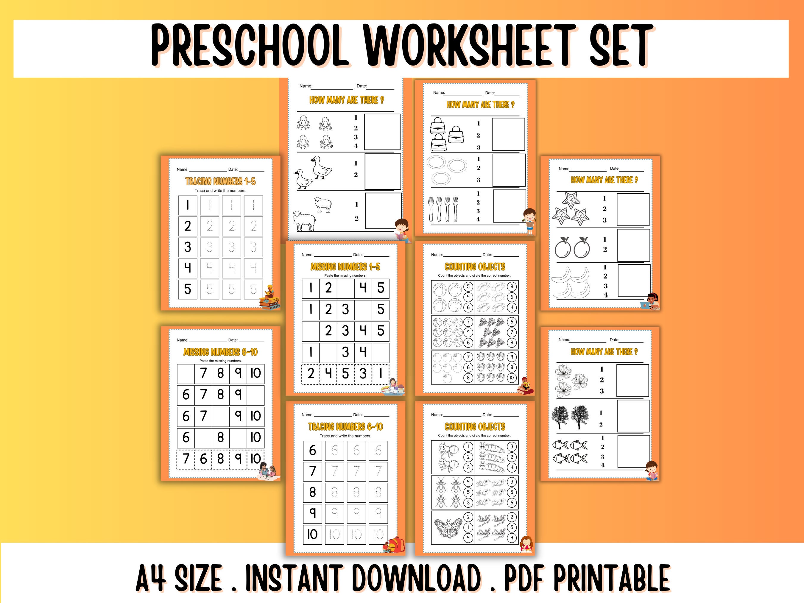Preschool Worksheets Set, 50 Printable Pages, Orange Kindergarten ...