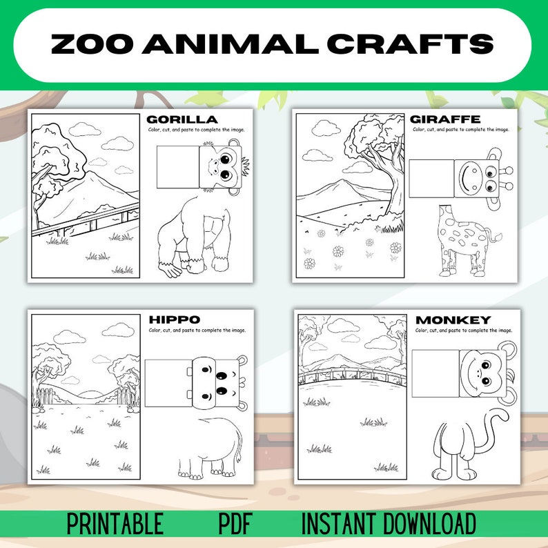 Zoo Animal Printable Cut Outs, Color Cut and Paste Animals, Digital ...