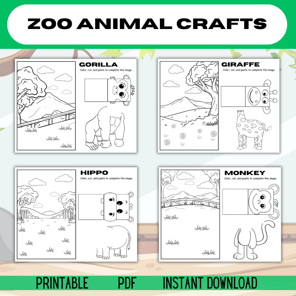 Zoo Animal Printable Cut Outs, Color Cut and Paste Animals, Digital ...
