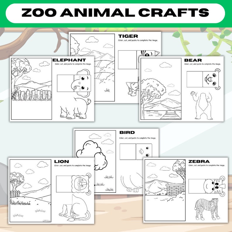 Zoo Animal Printable Cut Outs, Color Cut and Paste Animals, Digital ...