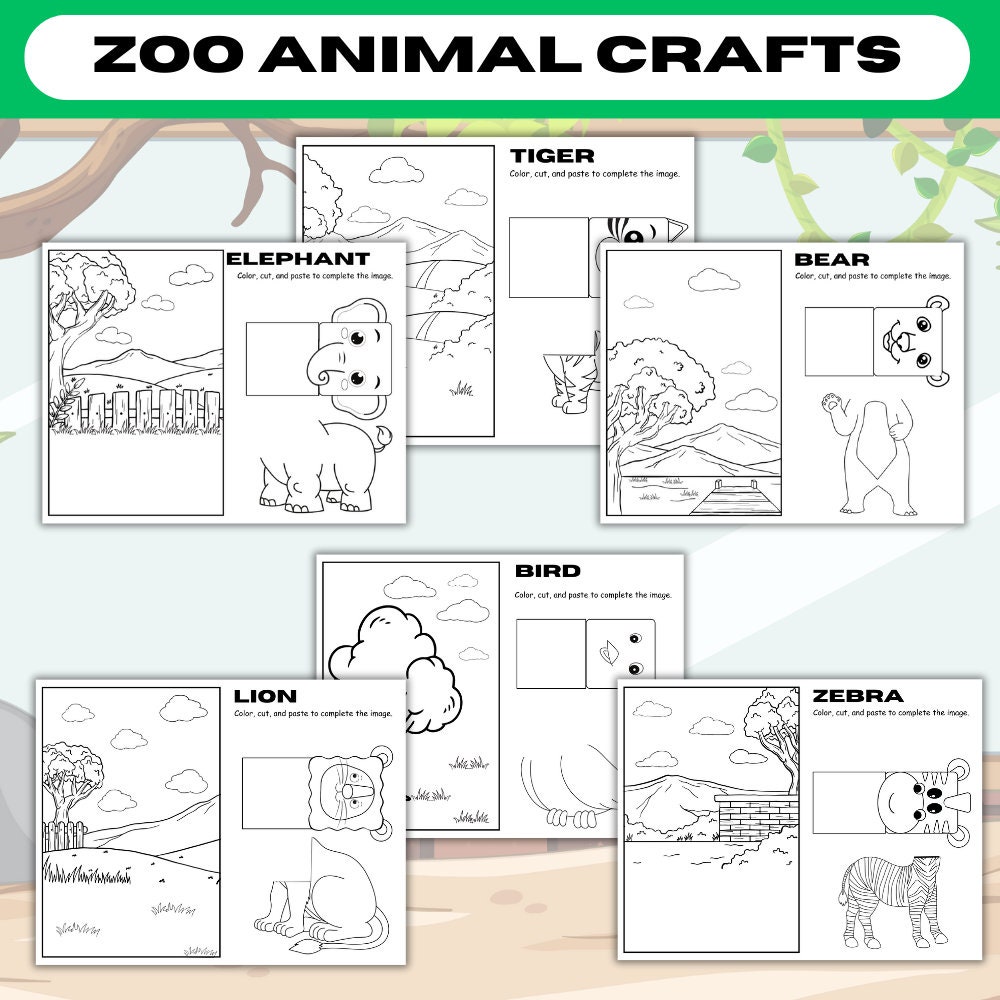 Zoo Animal Printable Cut Outs, Color Cut and Paste Animals, Digital ...