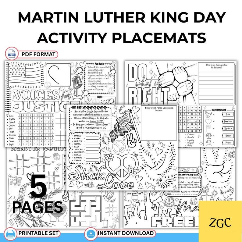Martin Luther King Jr. Day Activity Placemats | MLK Day Printable ...
