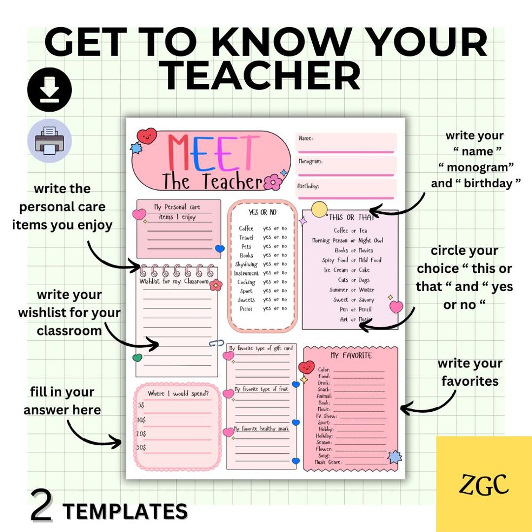 Teacher Questionnaire Printable | Back to School Meet the Teacher ...