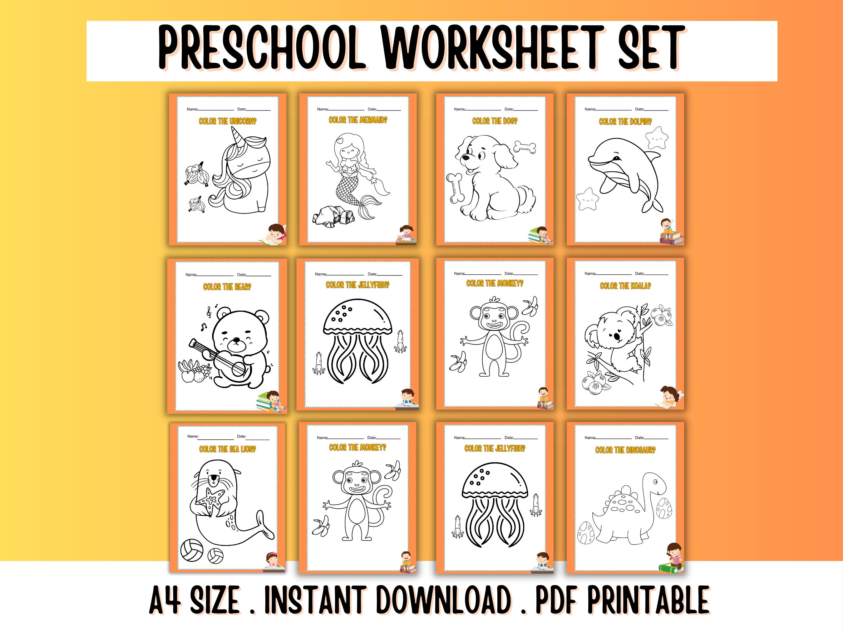 Preschool Worksheets Set, 50 Printable Pages, Orange Kindergarten ...